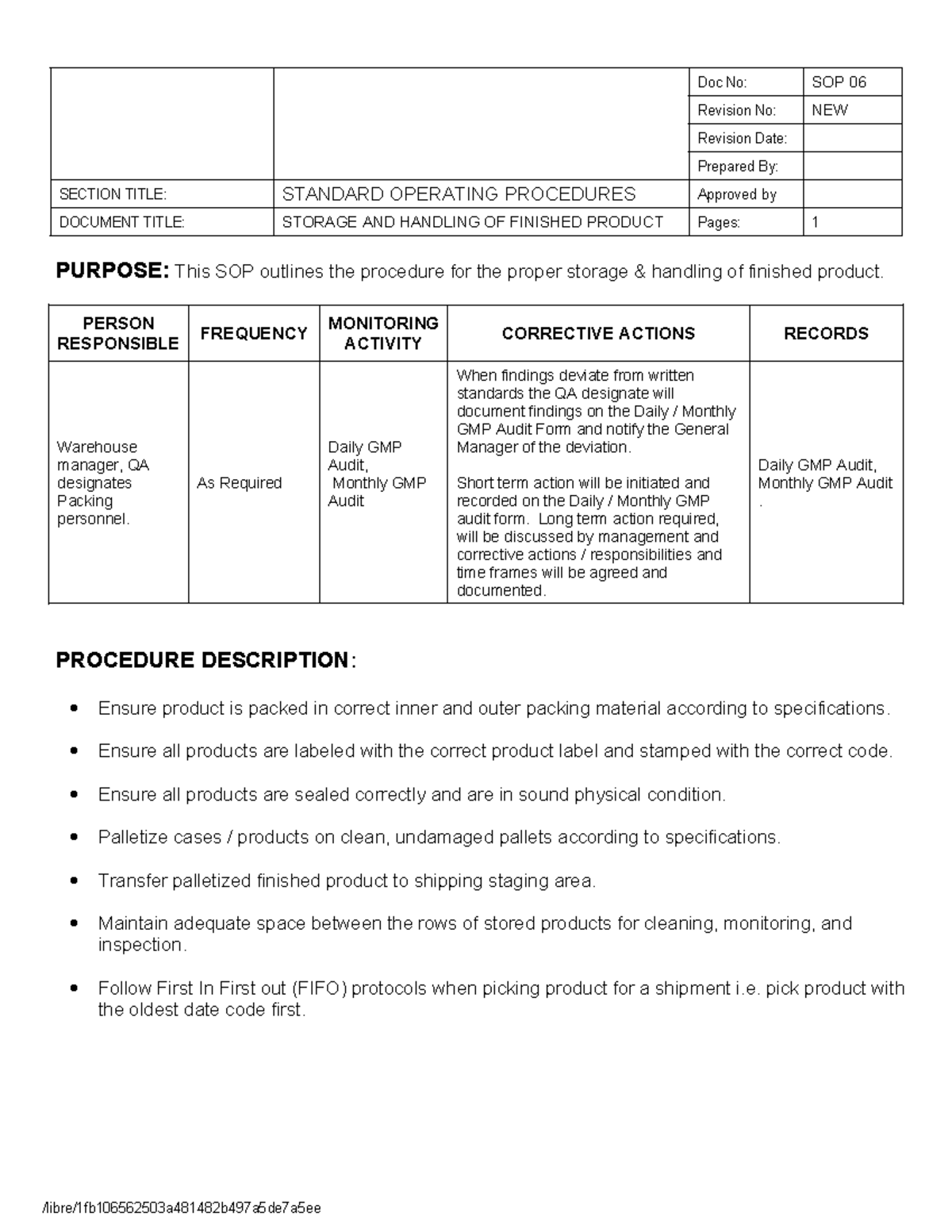 SOP Storage & Handling of Finished Product - Doc No: SOP 06 Revision No ...