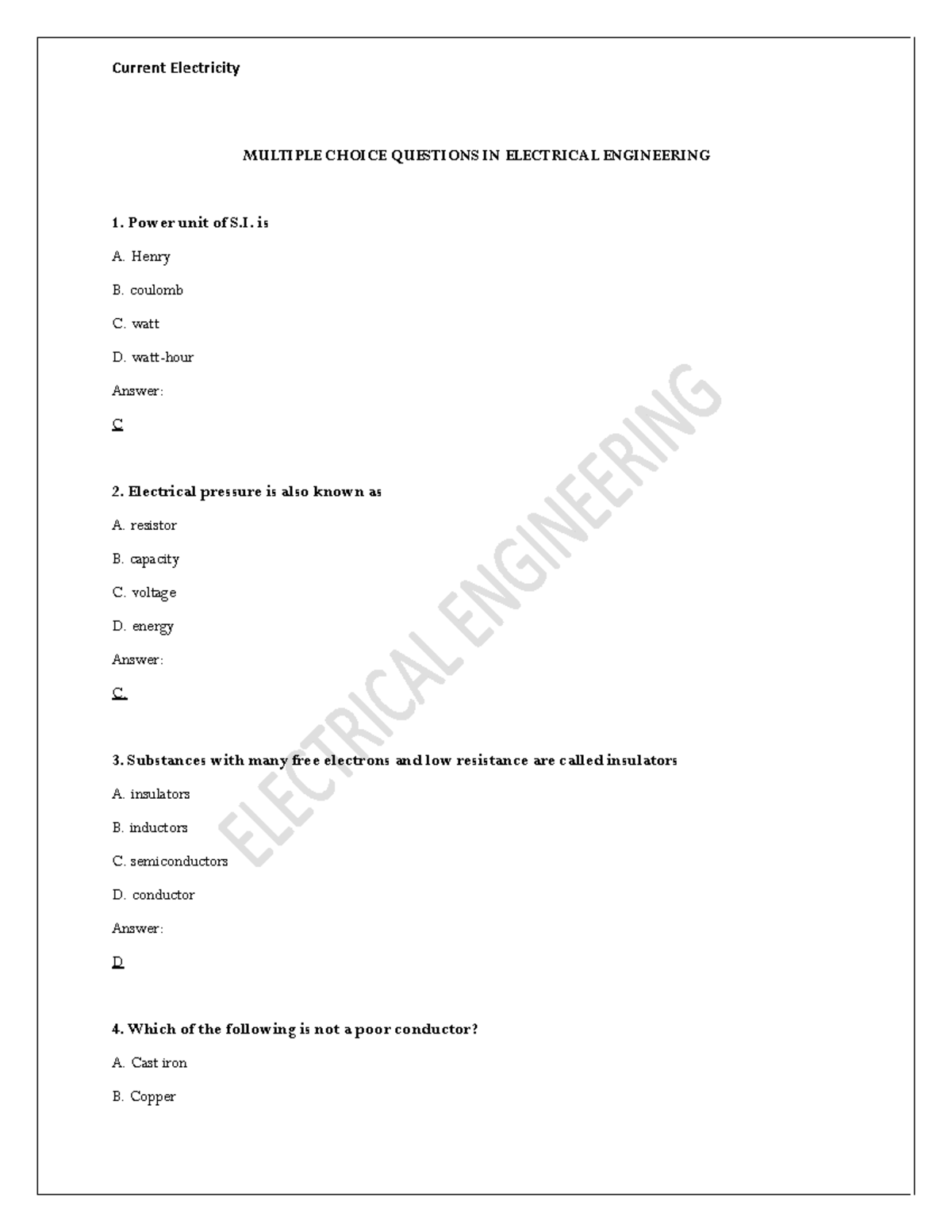 Electrical Engineering Practice Quizzes 1 - Current Electricity ...