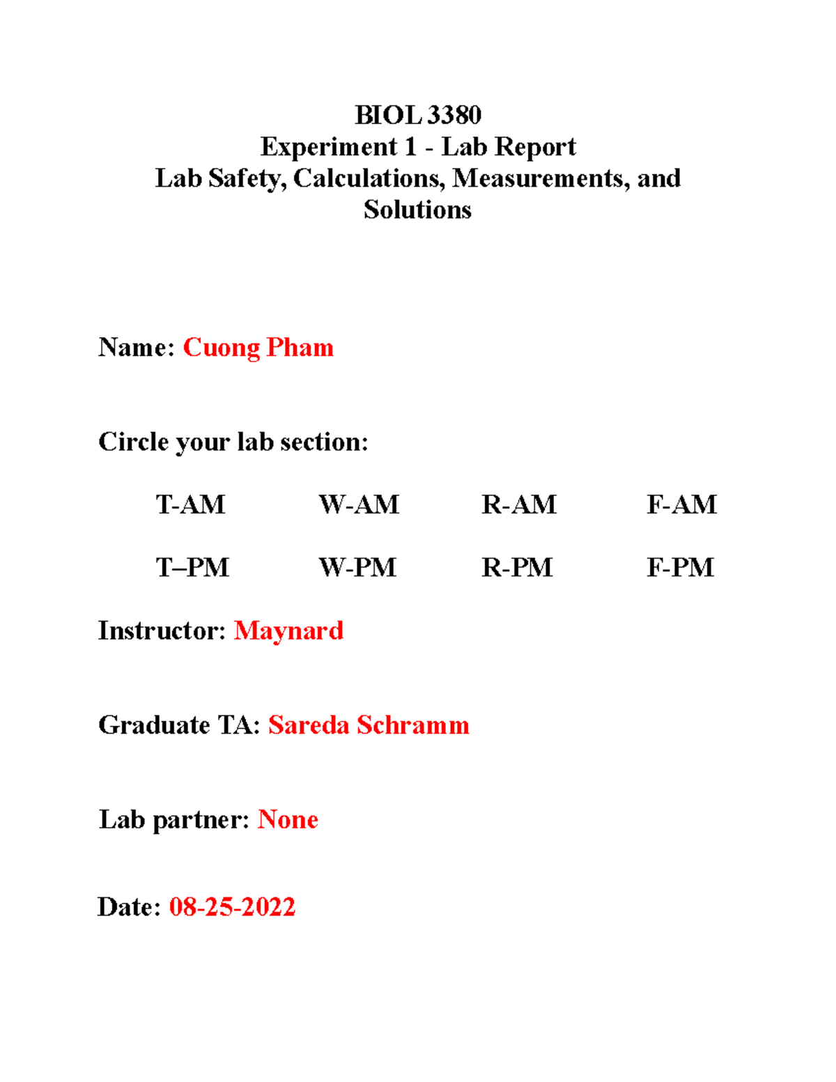 BIOL 3380 - Lab Report #1 - BIOL 3380 Experiment 1 - Lab Report Lab Safety, Calculations, - Studocu