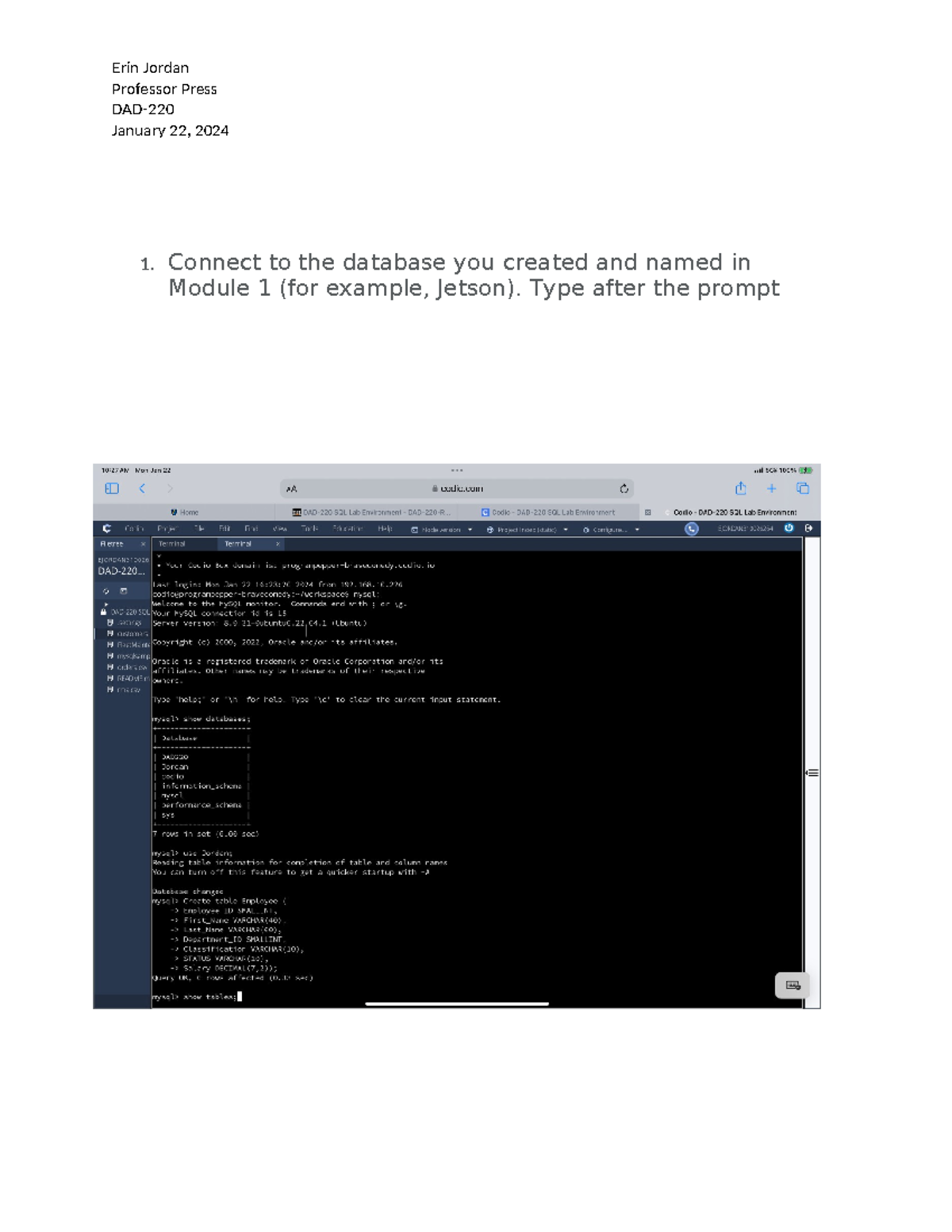 DAD 220 week 2 copy codio - Professor Press DAD- January 22, 2024 1. Connect to the database you ...