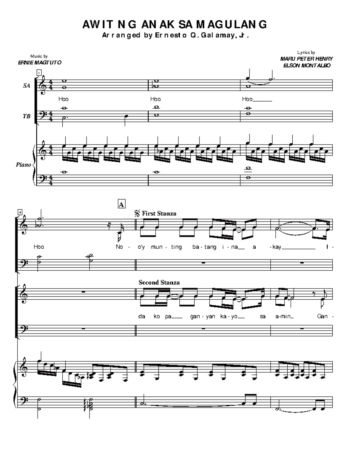 Awit ng Anak - SATB - Music Sheet - SA TB Piano Hoo - Studocu