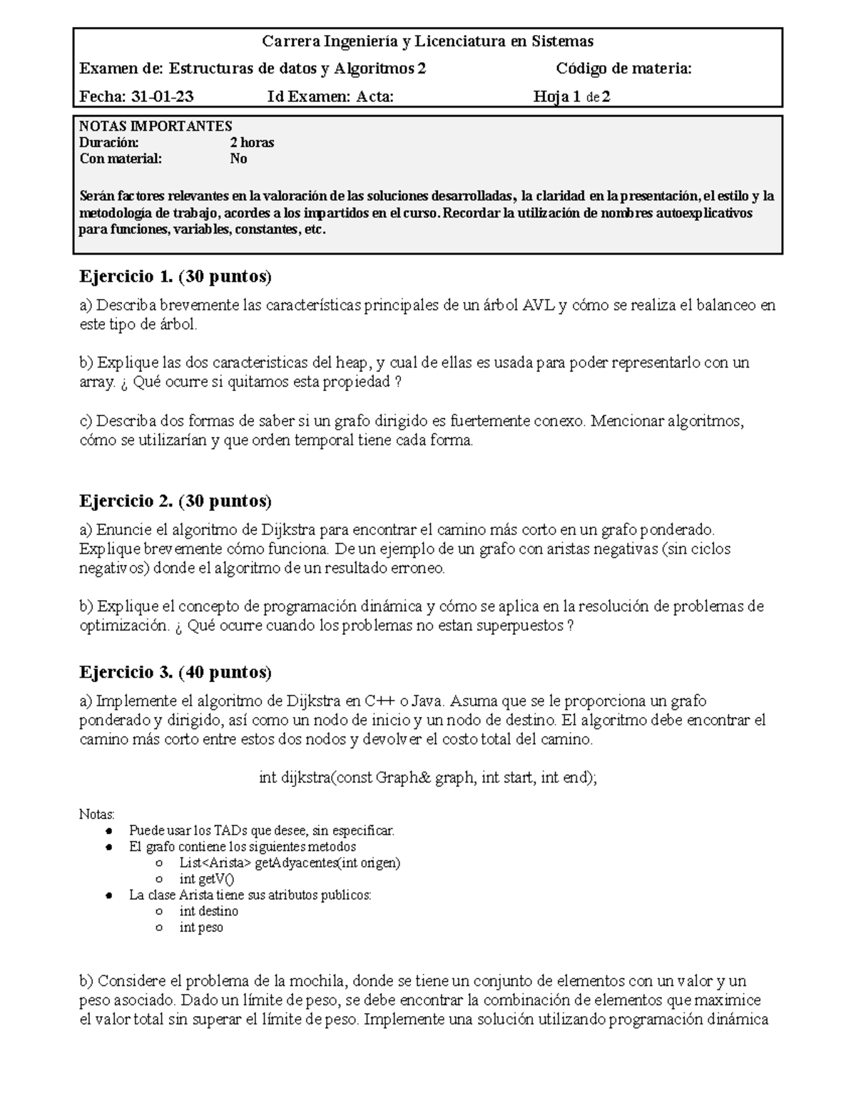 Estructura De Datos Y Algoritmos 2 May2023 Exm Carrera Ingeniería Y Licenciatura En Sistemas 