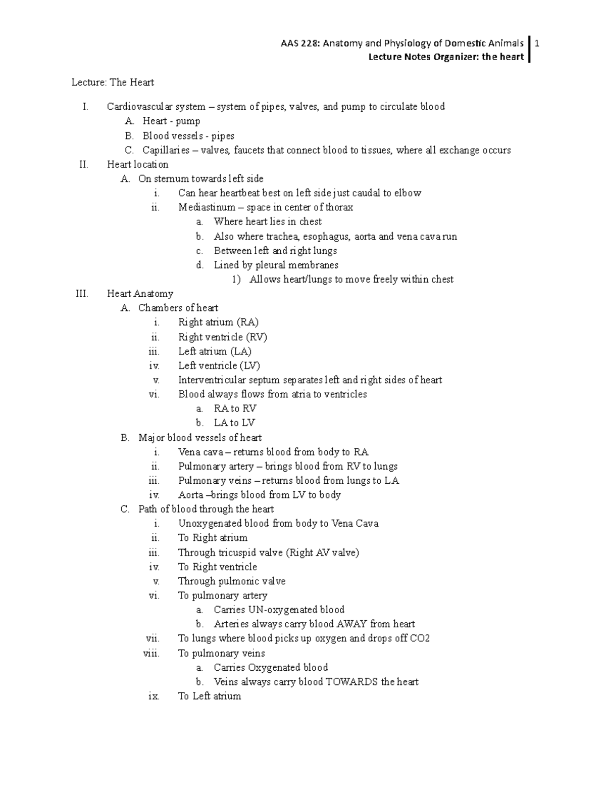 Heart Notes - AAS 228: Anatomy and Physiology of Domestic Animals 1 ...