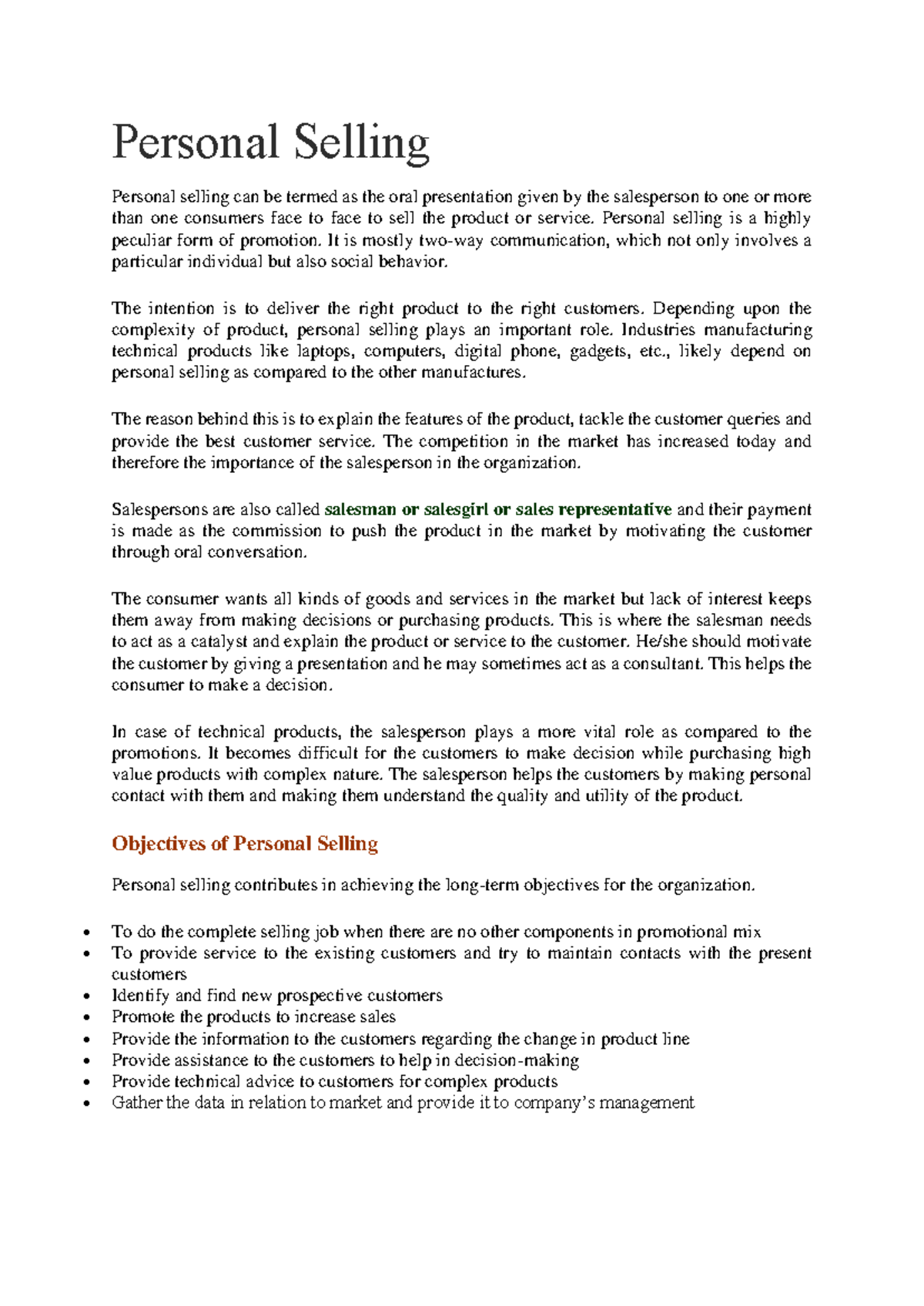 Personal Selling - Personal Selling Personal selling can be termed as ...