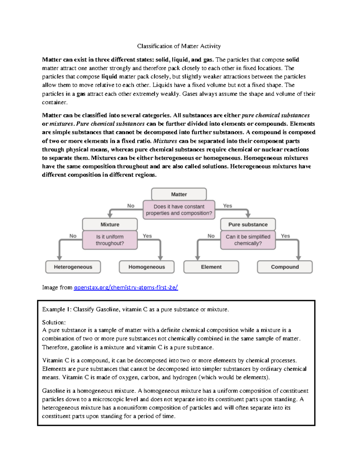 1.a Classification of Matter - Classification of Matter Activity Matter ...