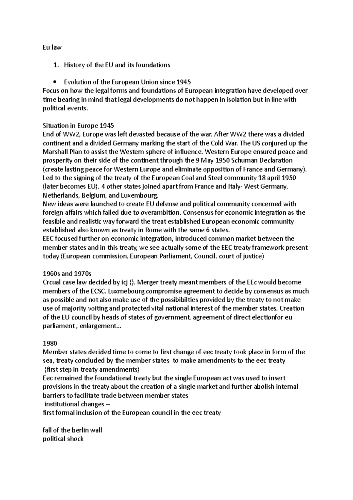 EU law - notes - Eu law History of the EU and its foundations Evolution ...