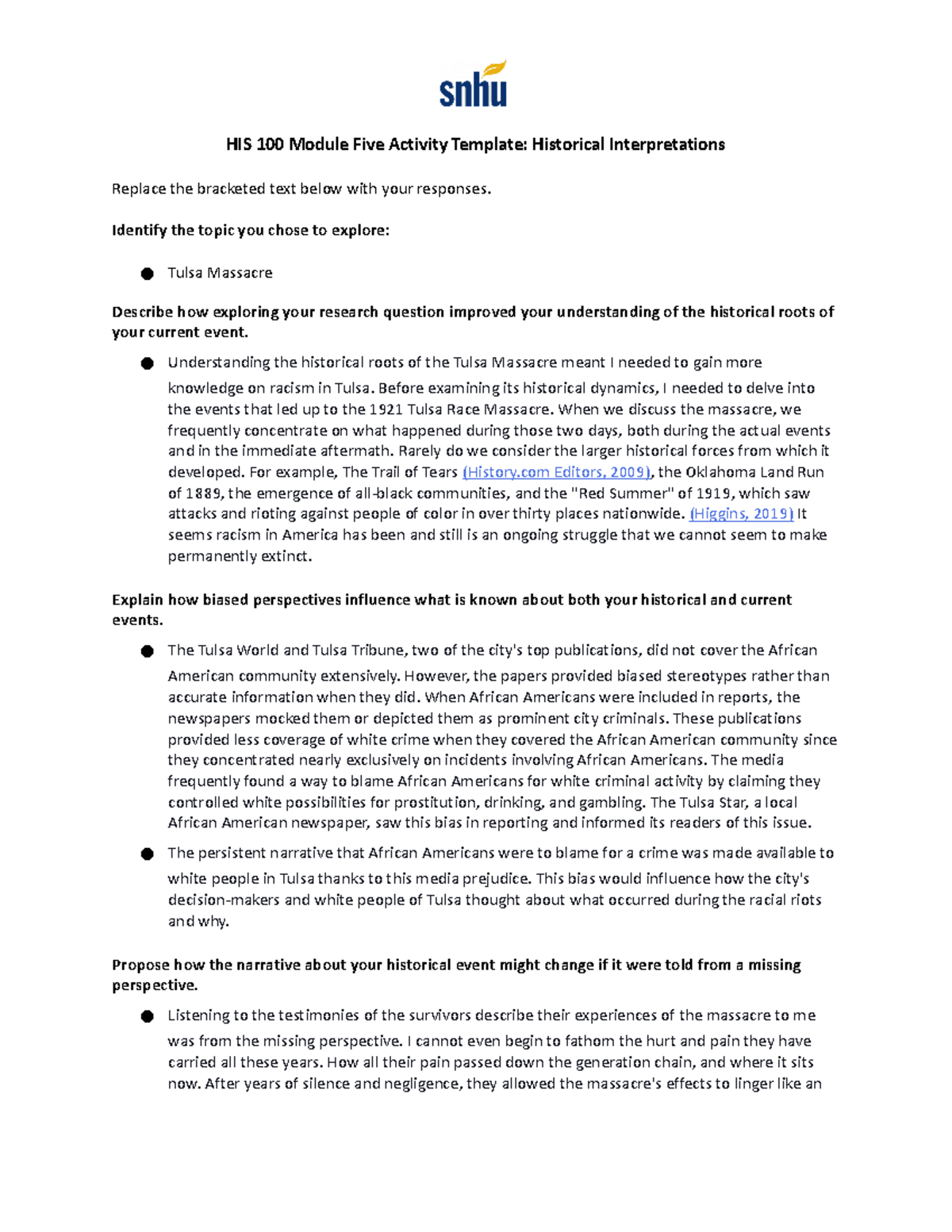 HIS 100 Module Five Activity Template - Identify the topic you chose to ...