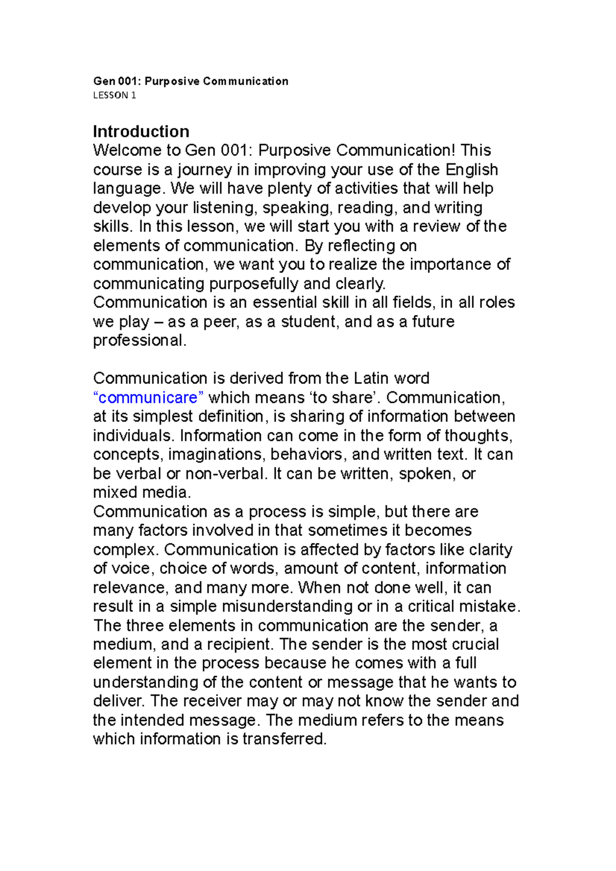 GEN 001 Lesson 1 - Gen 001: Purposive Communication LESSON 1 ...