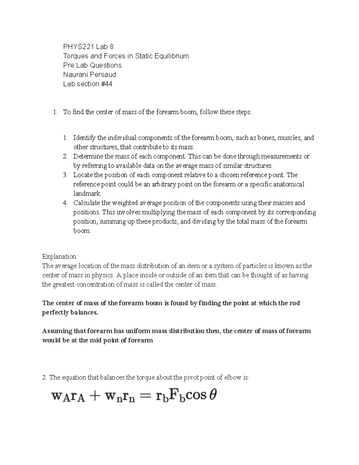 PHYS221 Lab 8 - Determine the mass of each component. This can be done through measurements or ...
