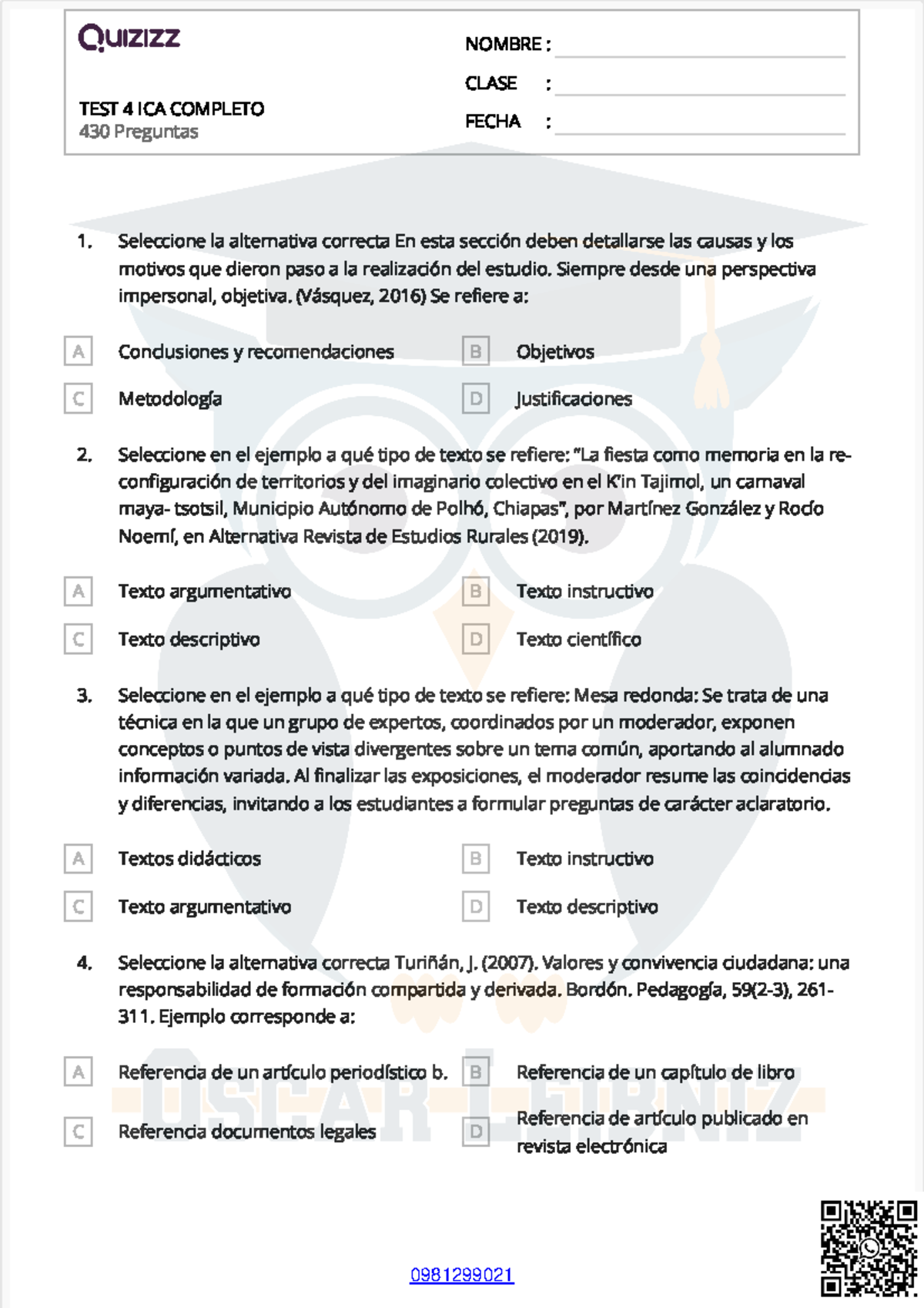 TEST 4 ICA Completo - Test - TEST 4 ICA COMPLETO 430 Preguntas NOMBRE ...