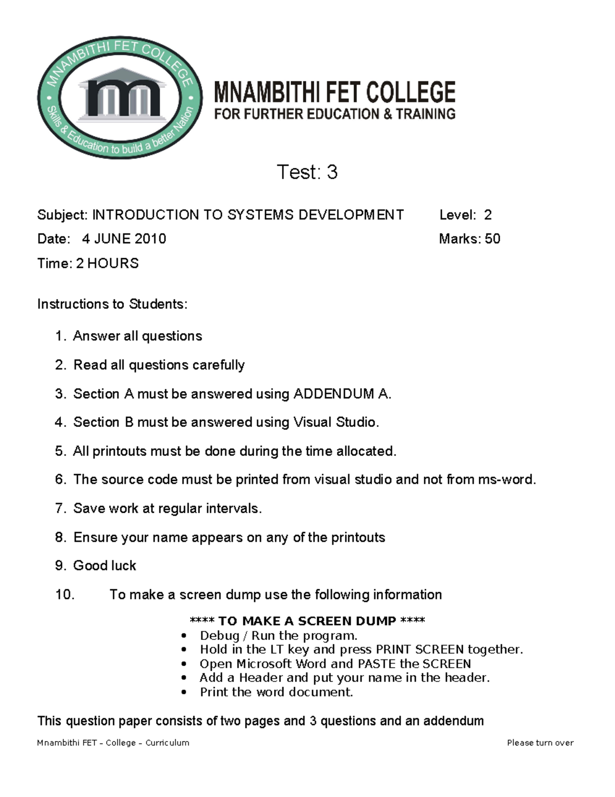 Test3 - CIS201 - Test: 3 Subject: INTRODUCTION TO SYSTEMS DEVELOPMENT ...