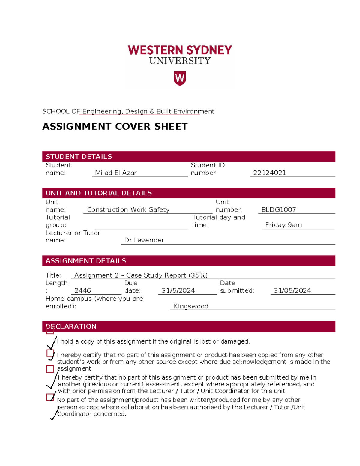 Assignment 2 WHS - SCHOOL OF Engineering, Design & Built Environment ...