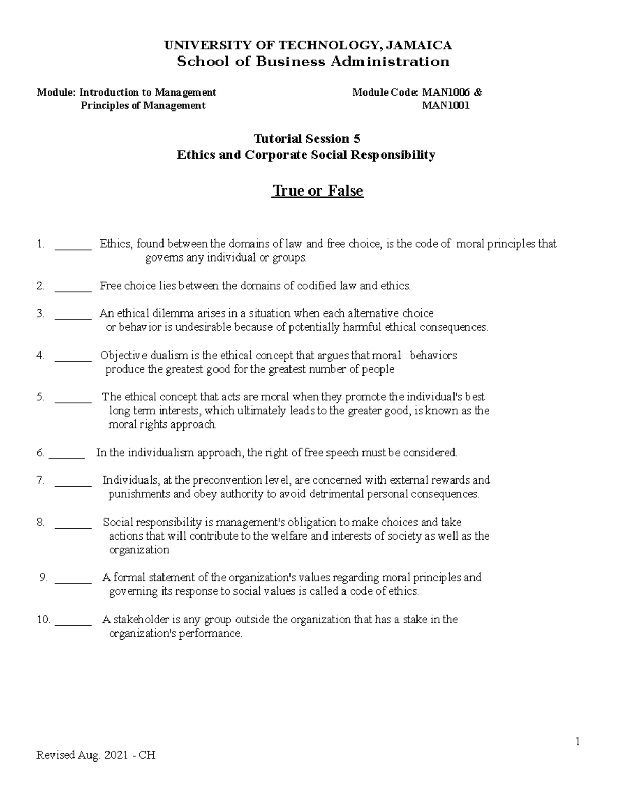 ITM UNIT 5 Tutorial Sheet - UNIVERSITY OF TECHNOLOGY, JAMAICA School of ...