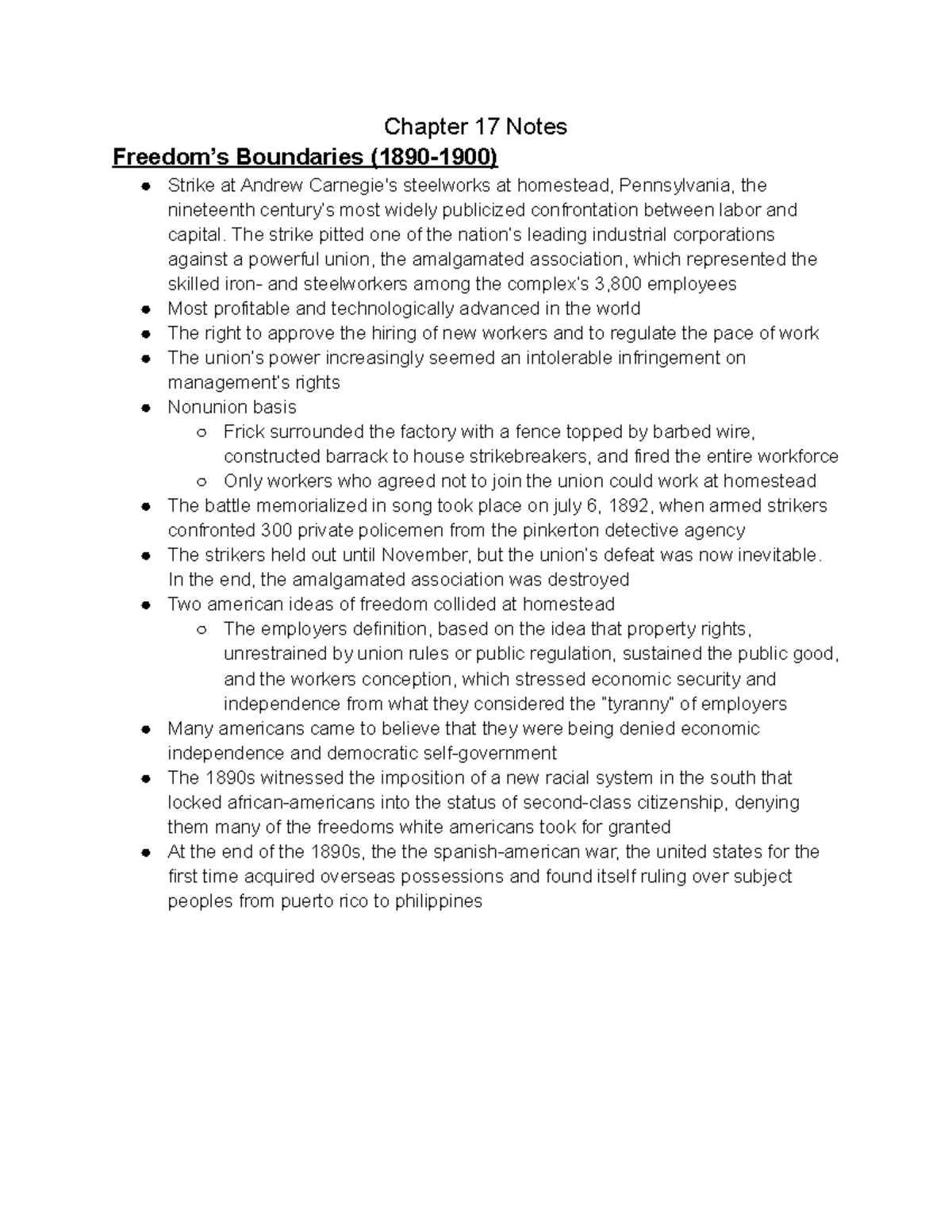 Chapter 17 Notes - Chapter 17 Notes Freedom’s Boundaries (1890-1900 ...