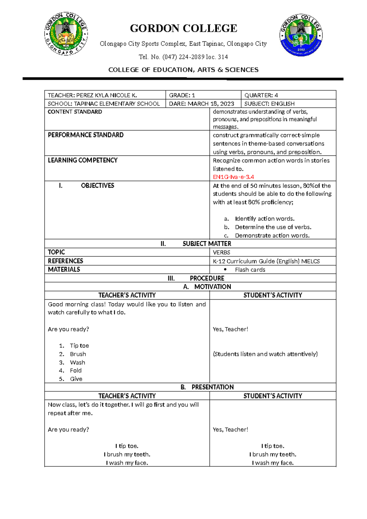 TPR Lesson PLAN - GORDON COLLEGE Olongapo City Sports Complex, East ...