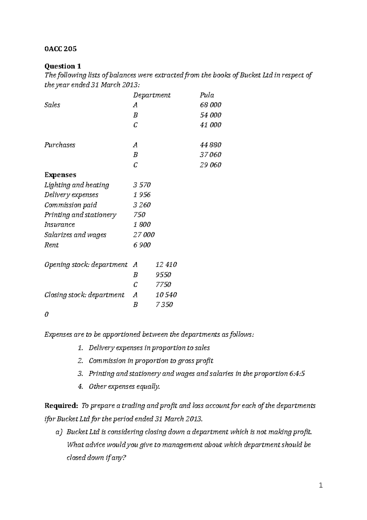 2023 ACC 205 Departmental Accounts tutorial 1 - 0ACC 205 Question 1 The ...