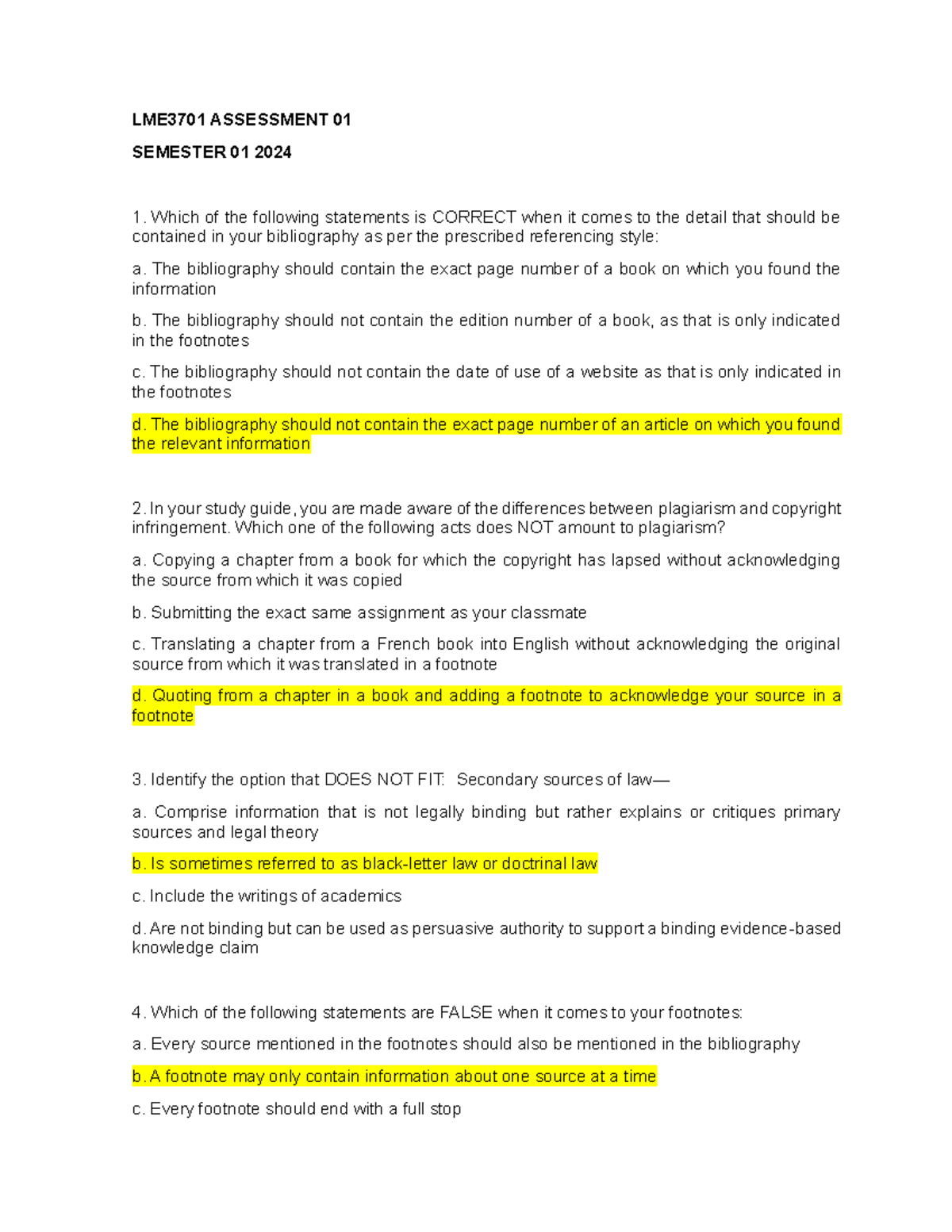 LME3701 Assessment 1 2024 Q and A - LME3701 ASSESSMENT 01 SEMESTER 01 2024 Which of the ...