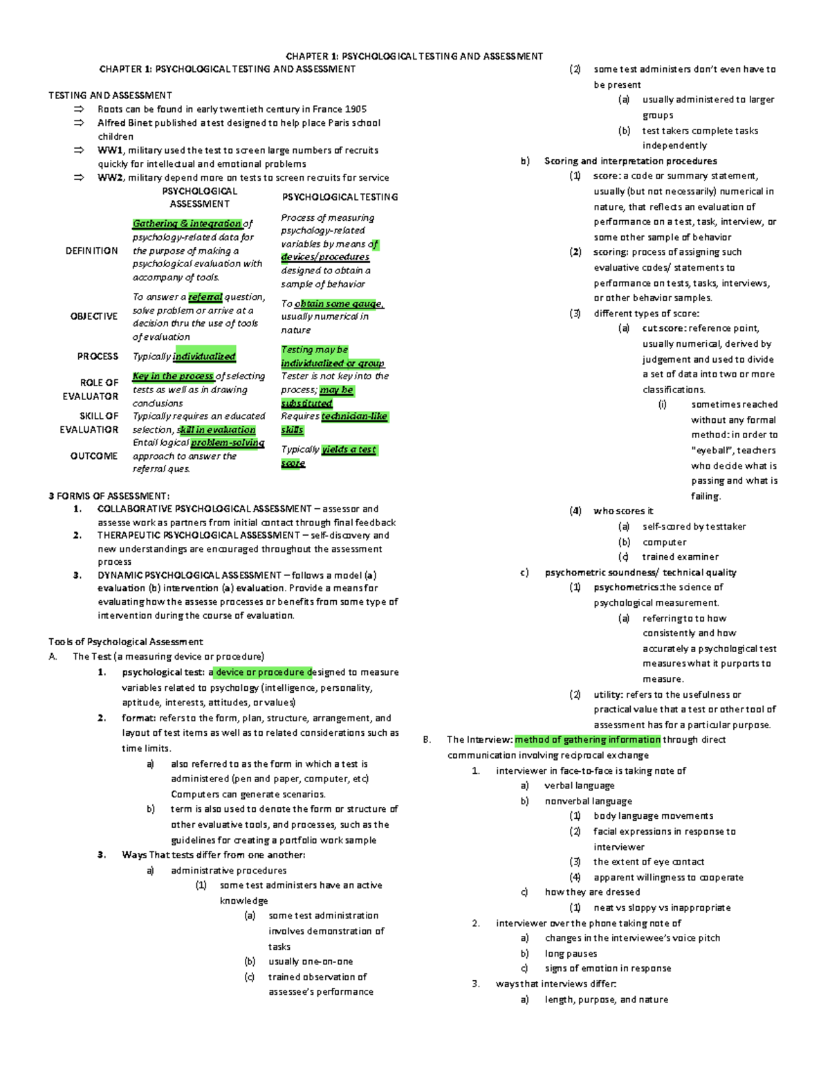 Psychological Assessment by Cohen Summary - CHAPTER 1: PSYCHOLOGICAL ...