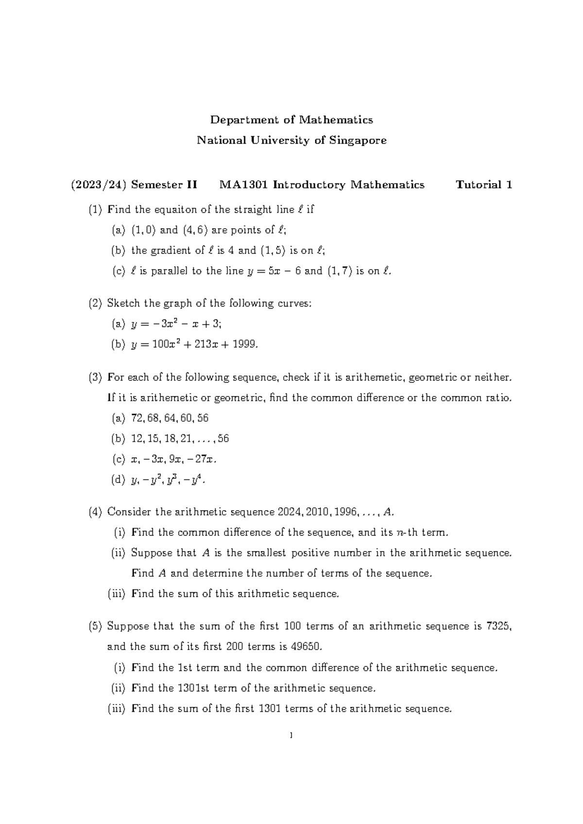 Tut1 - MA1301 Tutorial 1 - Department of Mathematics National University of Singapore (2023/24 ...