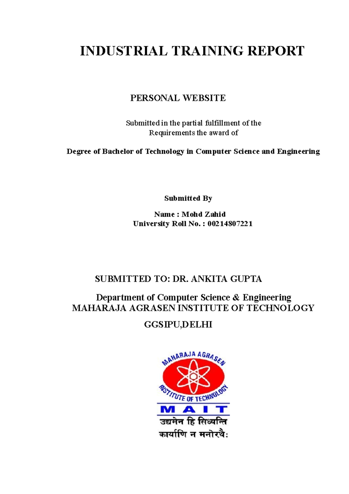 Project report - INDUSTRIAL TRAINING REPORT PERSONAL WEBSITE Submitted in the partial ...