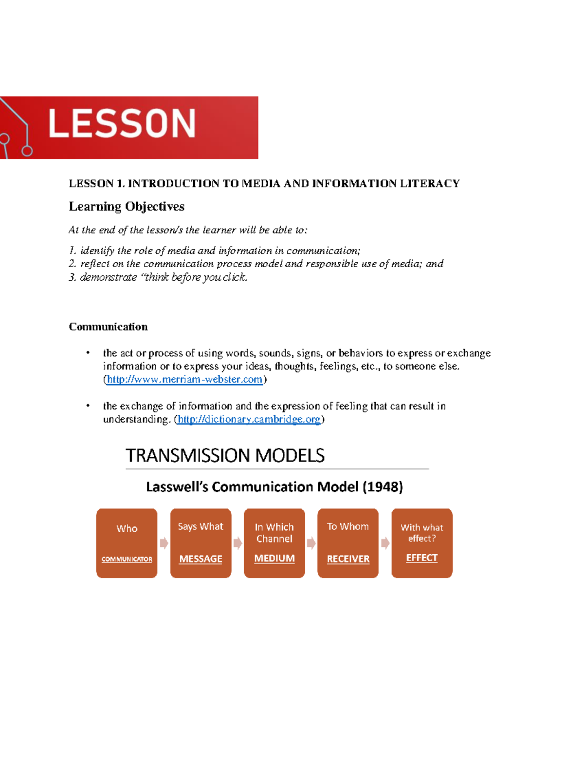 Lesson 1 - none - LESSON 1. INTRODUCTION TO MEDIA AND INFORMATION ...