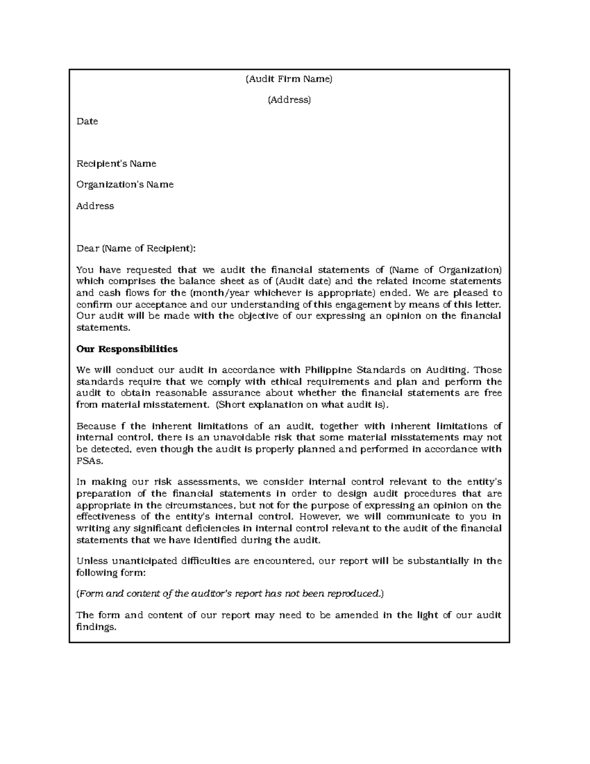 Engagement Letter - (Audit Firm Name) (Address) Date Recipient’s Name ...