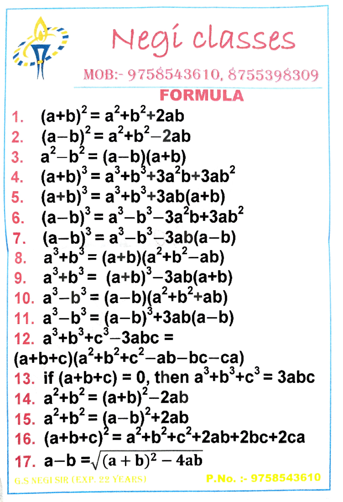 Algebraic formulas - Summary Maths formula - Negi classes MOB ...
