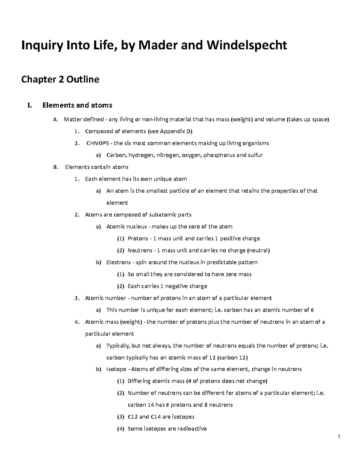 Inquiry Into Life, by Mader and Windelspecht -Chapter 2 Outline ...
