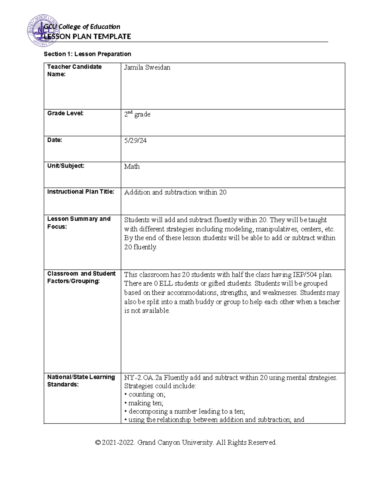 lesson plan second grade - LESSON PLAN TEMPLATE Section 1: Lesson ...