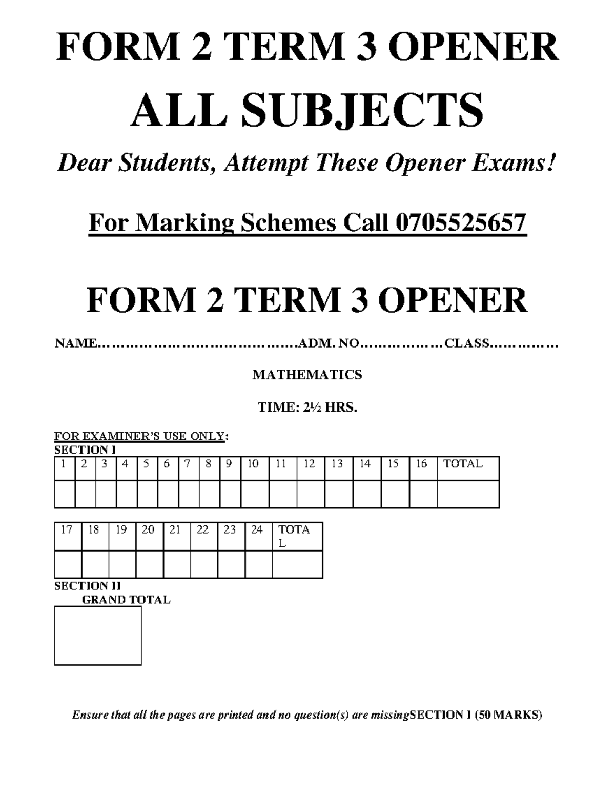 end term revision combination of exams - FORM 2 TERM 3 OPENER ALL ...