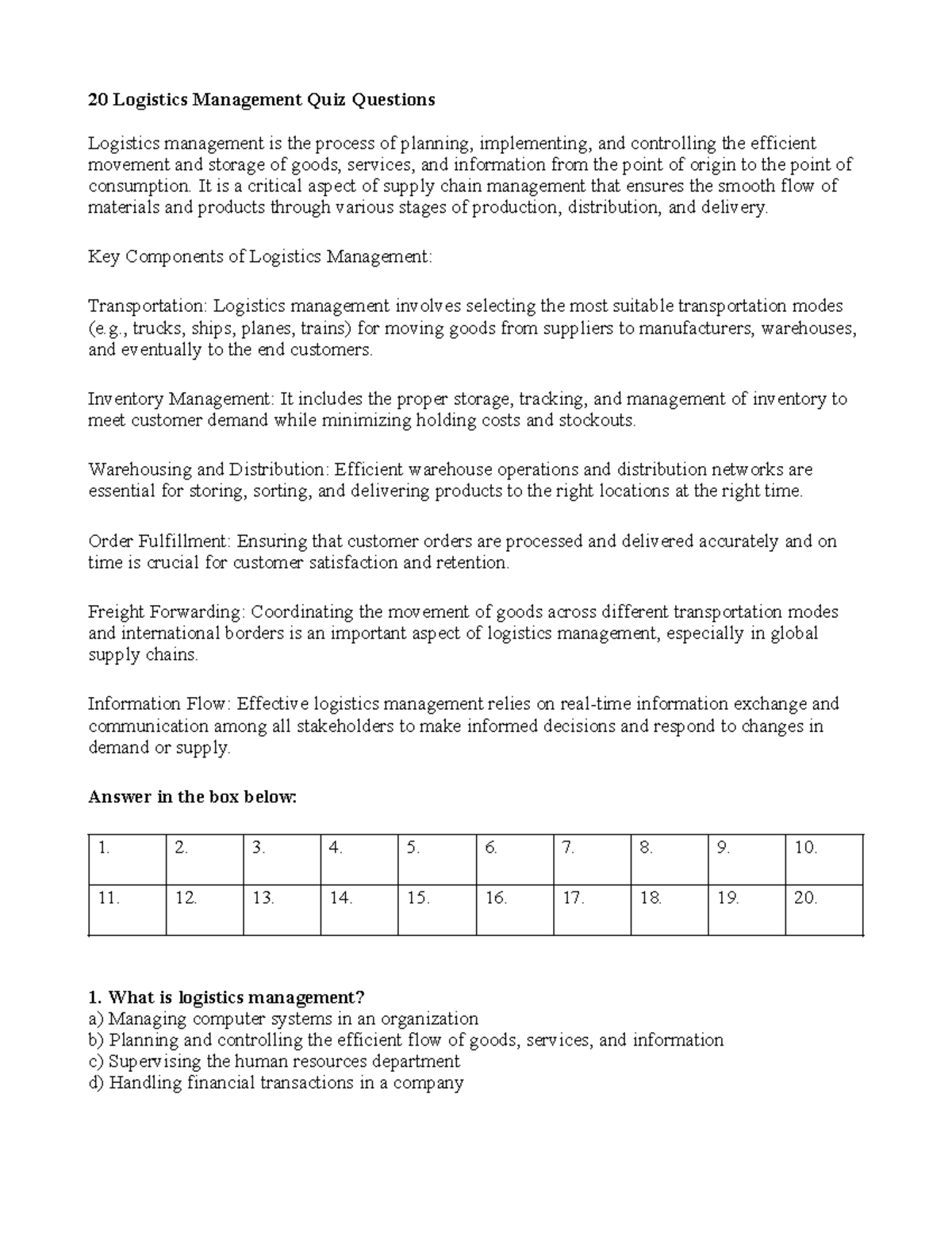 1. 20 Logistics Management Quiz Questions & Answers - 20 Logistics ...