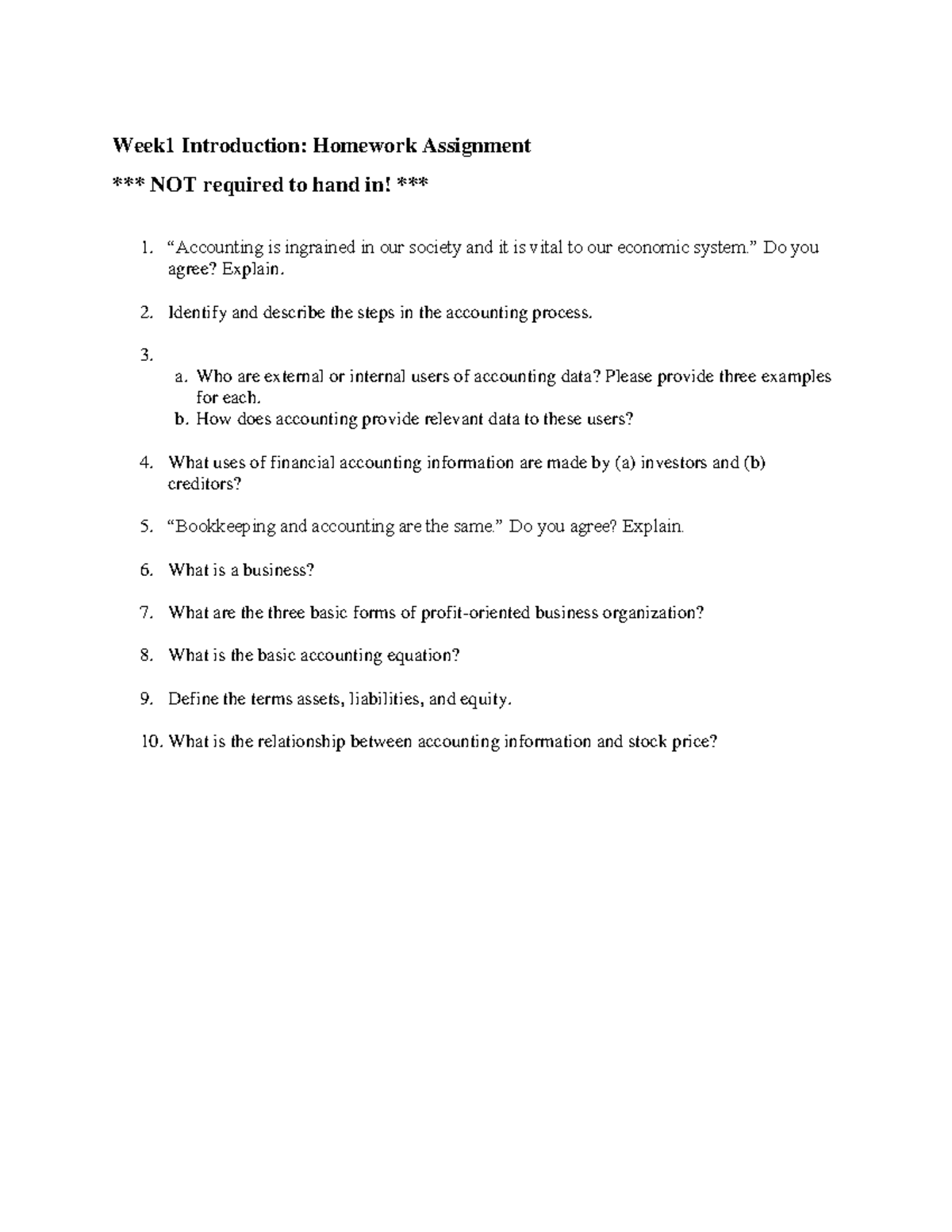 Week 1 Homework Assignment Week1 Introduction Homework Assignment