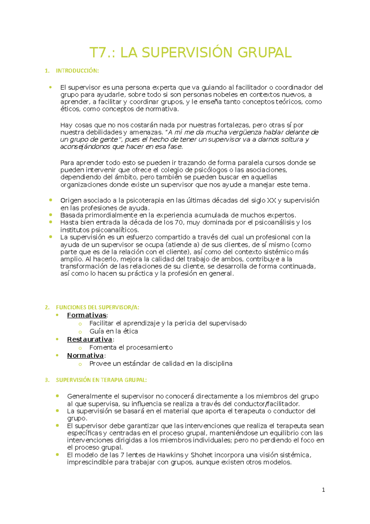 T7 Grupos - Cbien - T7.: LA SUPERVISIÓN GRUPAL 1. INTRODUCCIÓN: El ...