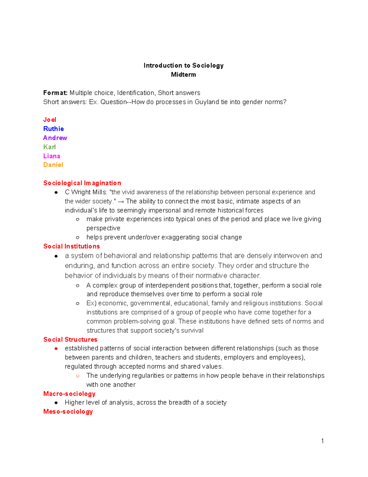 Introduction to Sociology Midterm Study Guide - Introduction to ...