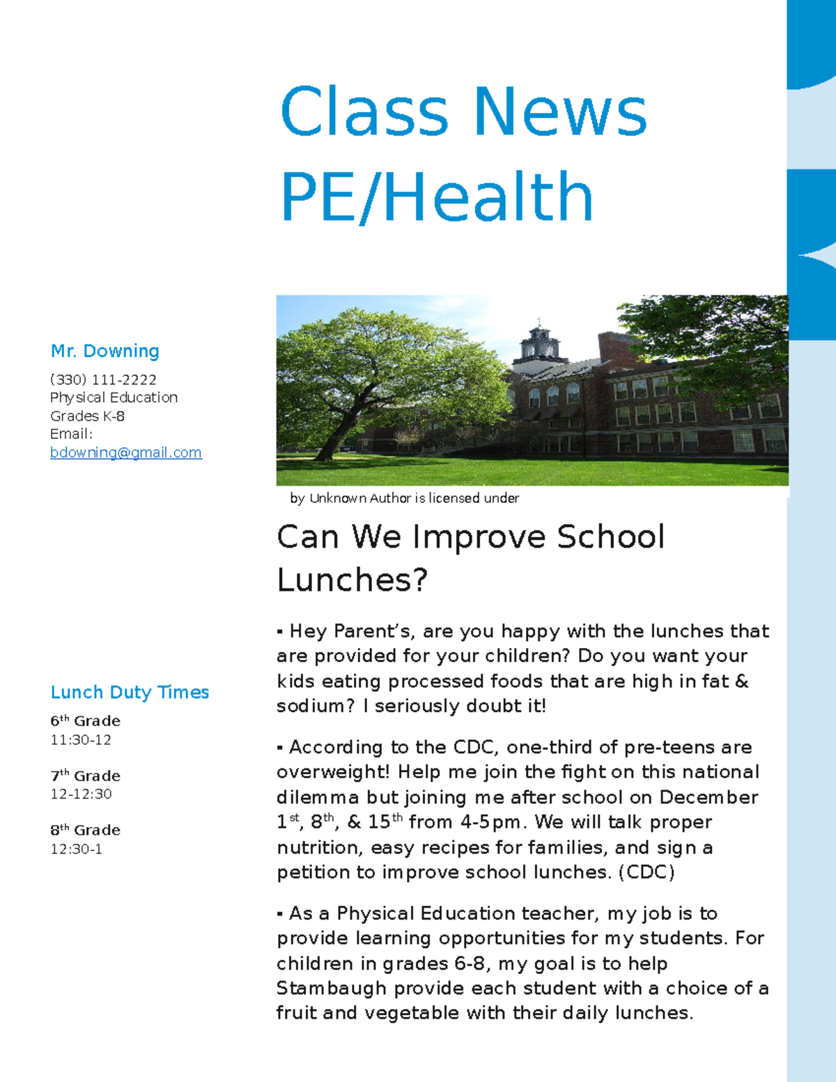 Module 6.2 rough draft newsletter - Class News PE/Health Mr. Downing ...