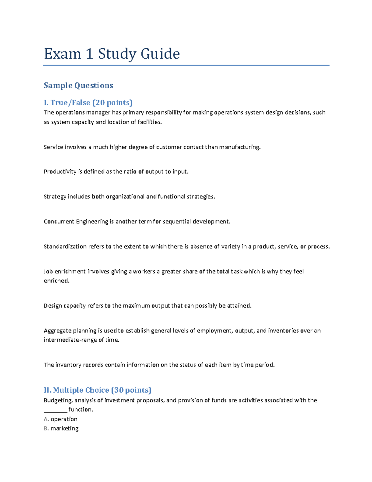 Exam1Study Guide-1 - practice - Exam 1 Study Guide Sample Questions I ...