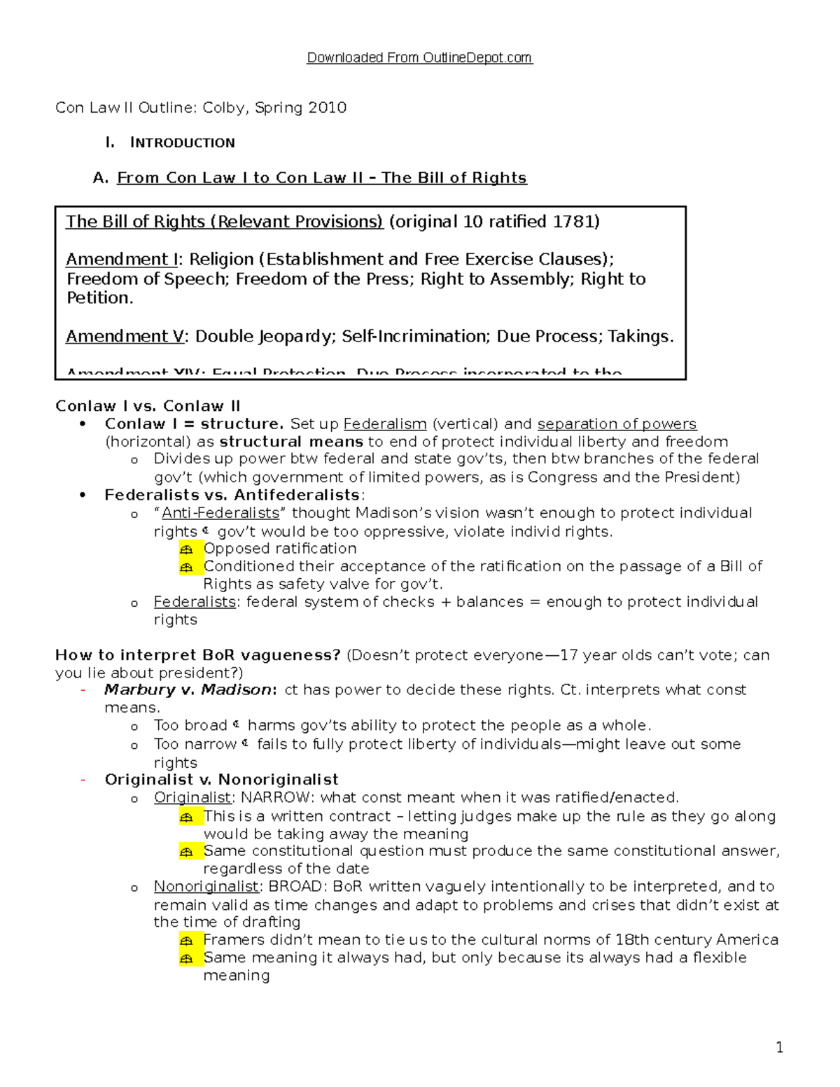 Con Law II Outline Colby 2010 Colby - Con Law II Outline: Colby, Spring ...