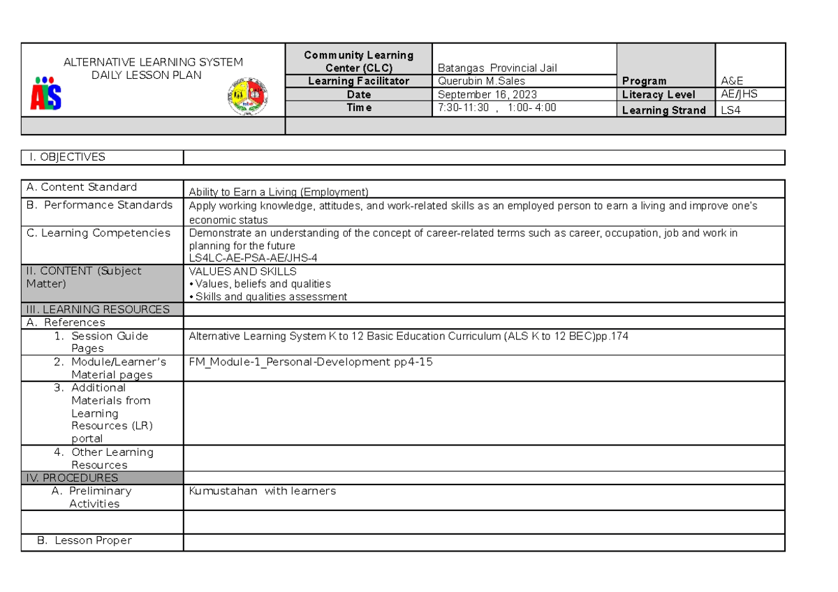 DLL-2023- Lifeskills - n/a - ALTERNATIVE LEARNING SYSTEM DAILY LESSON ...
