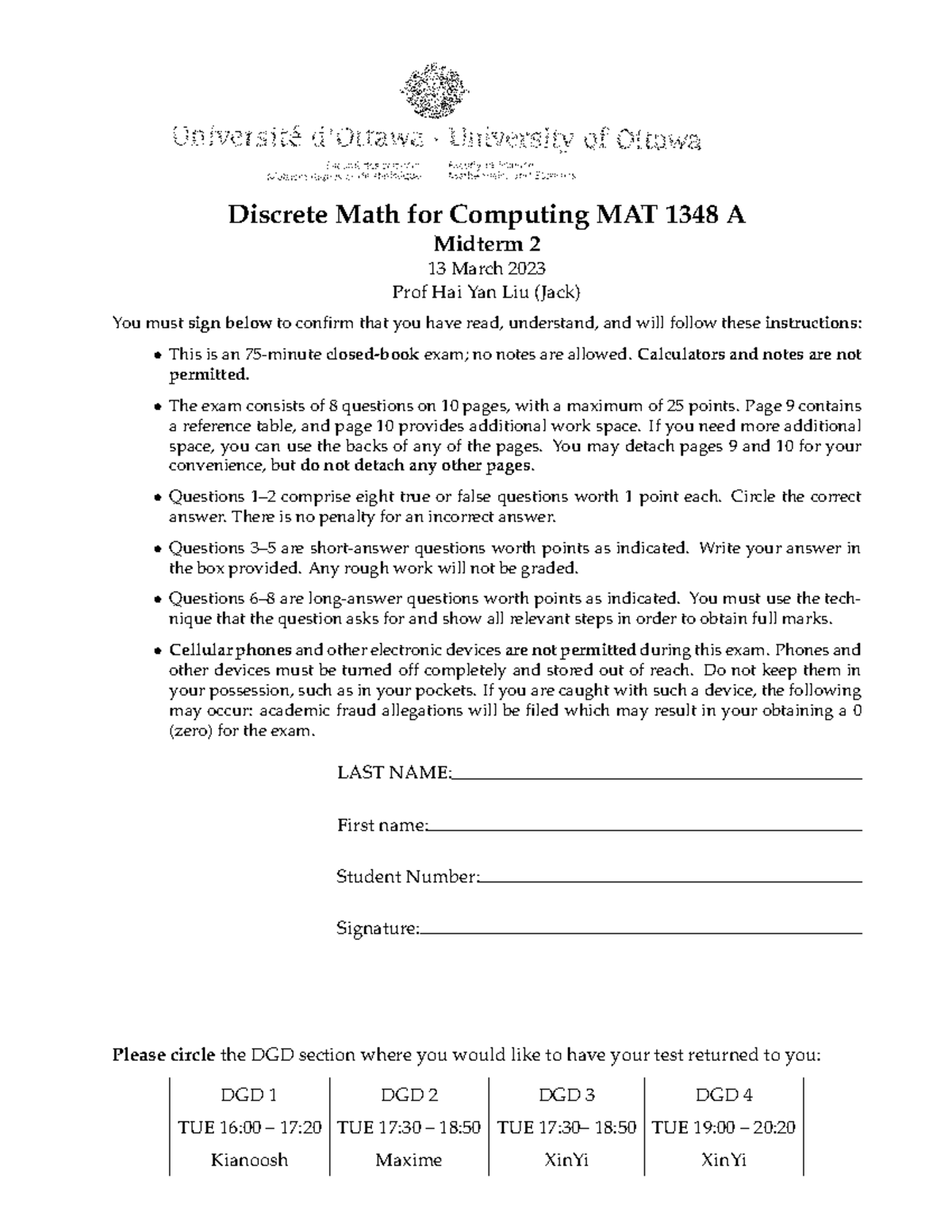 MAT1348 A Midterm 2B - Discrete Math for Computing MAT 1348 A Midterm 2 ...