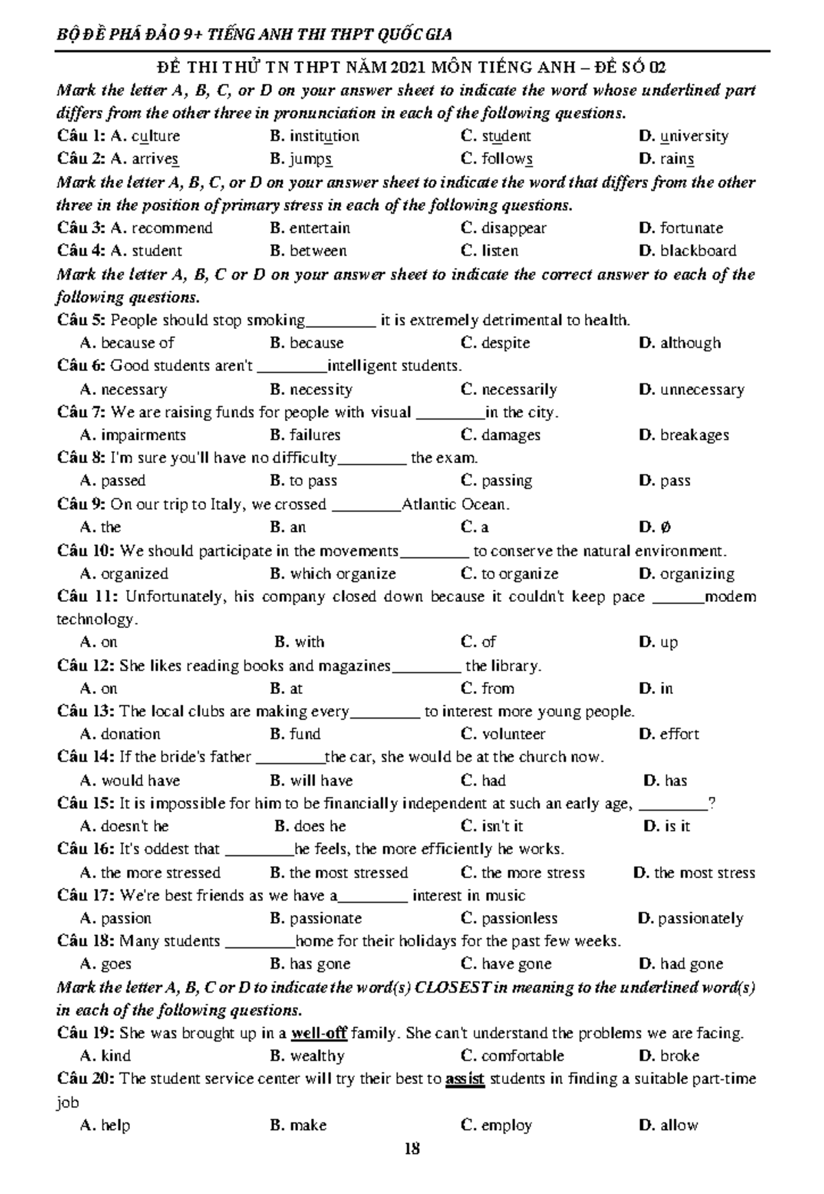 TA TEST 2 - ENGLISH PRACTICING TEST 02 - 2021. PRACTICING TEST ...