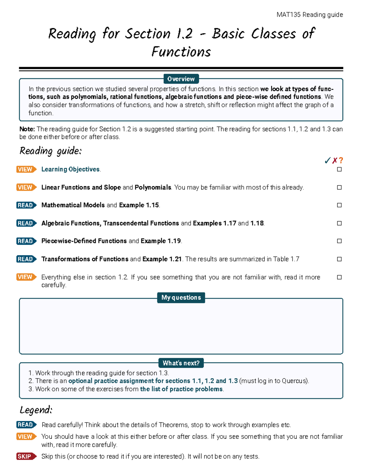 Reading Guide Section 1 - MAT135 Reading guide Reading for Section 1 - Basic Classes of ...