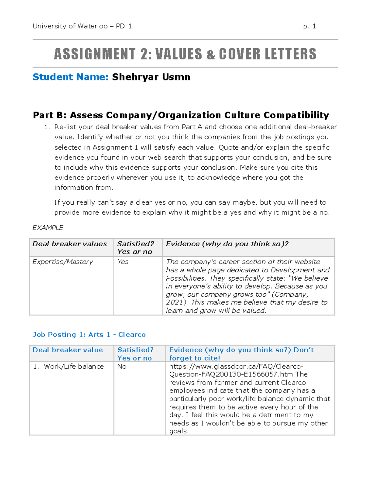 Assign 2-values-and-cover-letters updated 2023 - ASSIGNMENT 2: VALUES & COVER LETTERS Student ...