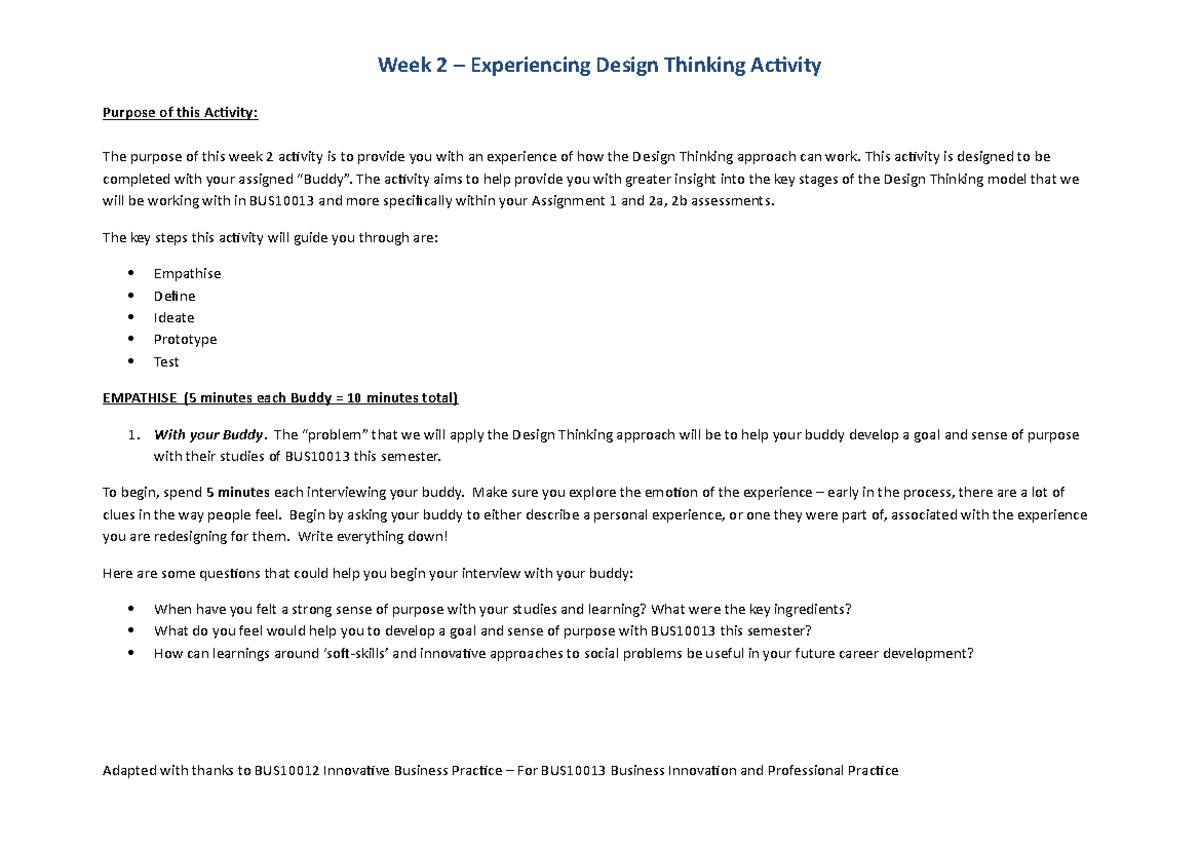 Design Thinking - This activity is designed to be completed with your ...