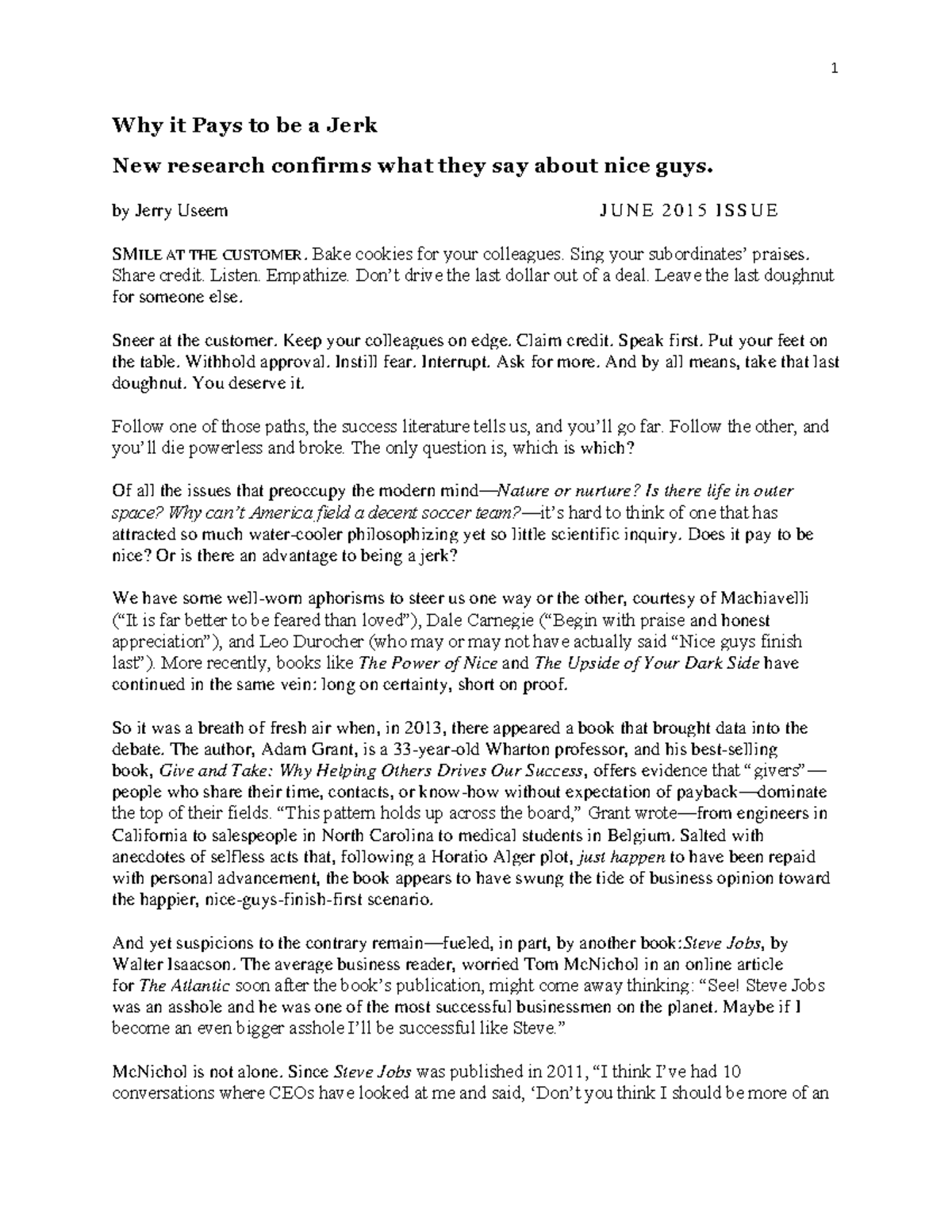 Why it Pays to be a Jerk - by Jerry Useem J U N E 2 0 1 5 I S S U E ...