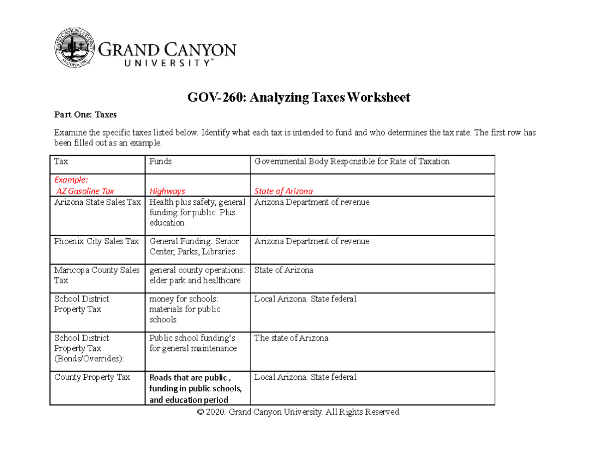 GOV-260-Analyzing Tax Worksheet - GOV-260: Analyzing Taxes Worksheet ...