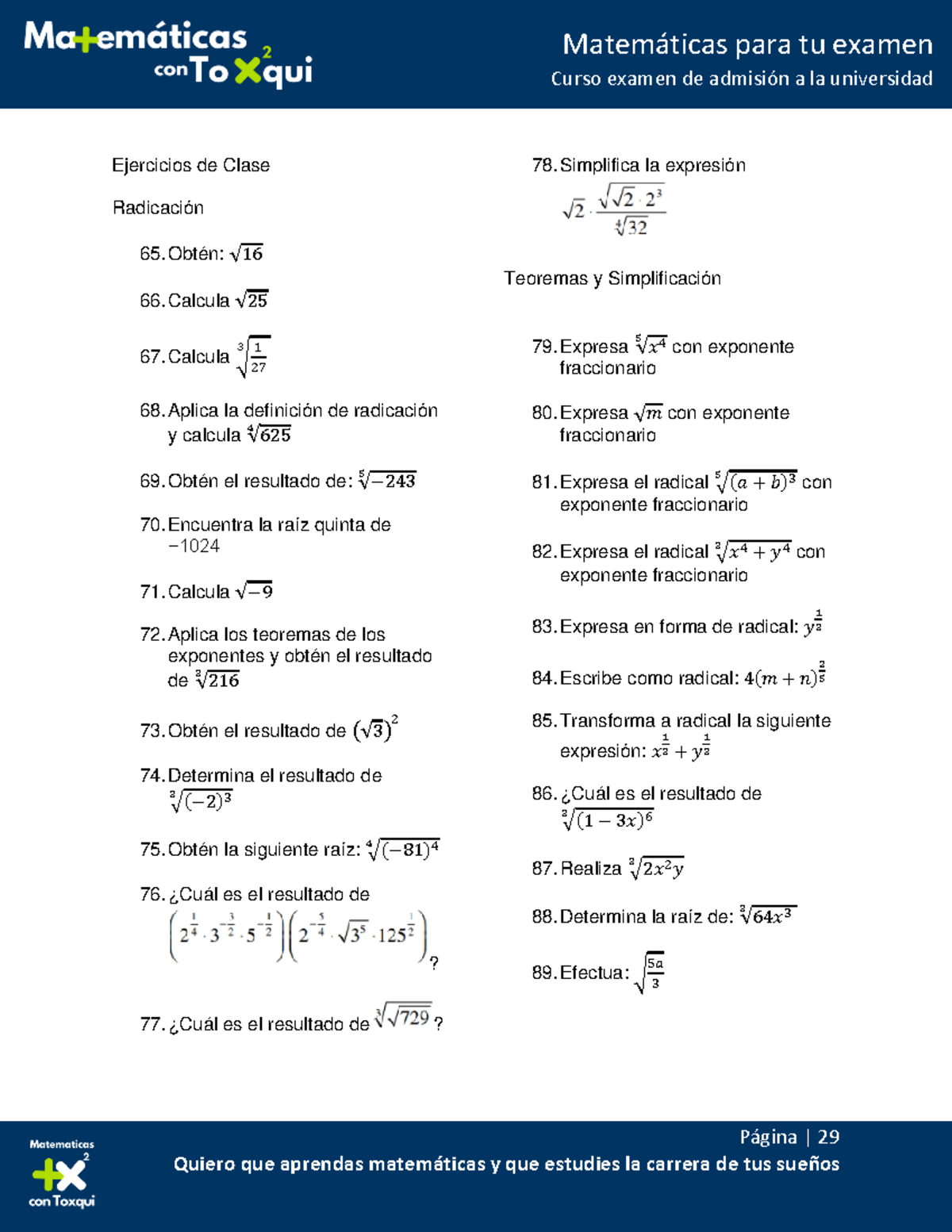Curso Matematicas Examen de Admision - Clase 5 - Leyes de los Radicales - P·gina | 29 Curso ...