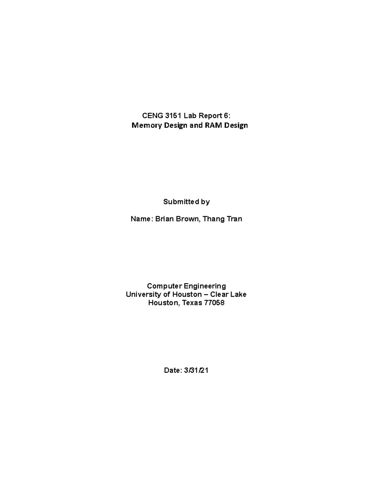 CENG 3151 Lab Report 6 - Memory Design and RAM Design - CENG 3151 Lab ...