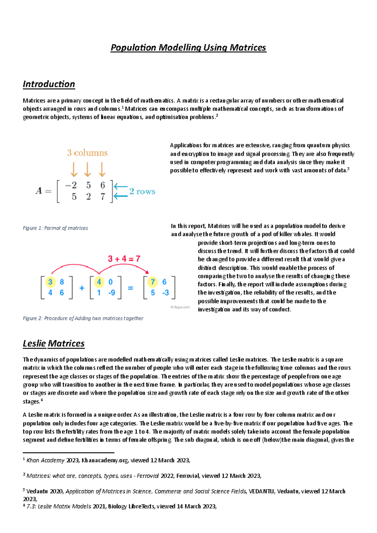 Population Modelling Using Matrices 12 Population Modelling Using