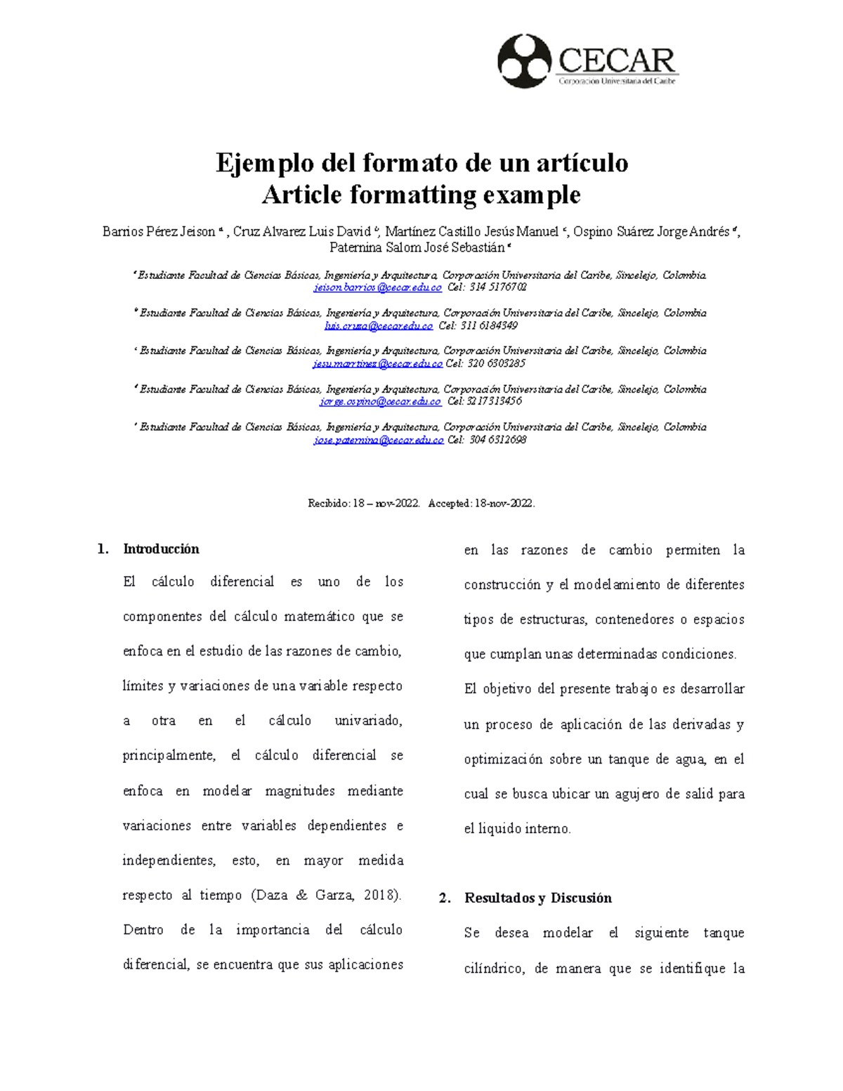 Formato Presentación de Artículo y guia de calificación - Ejemplo del ...