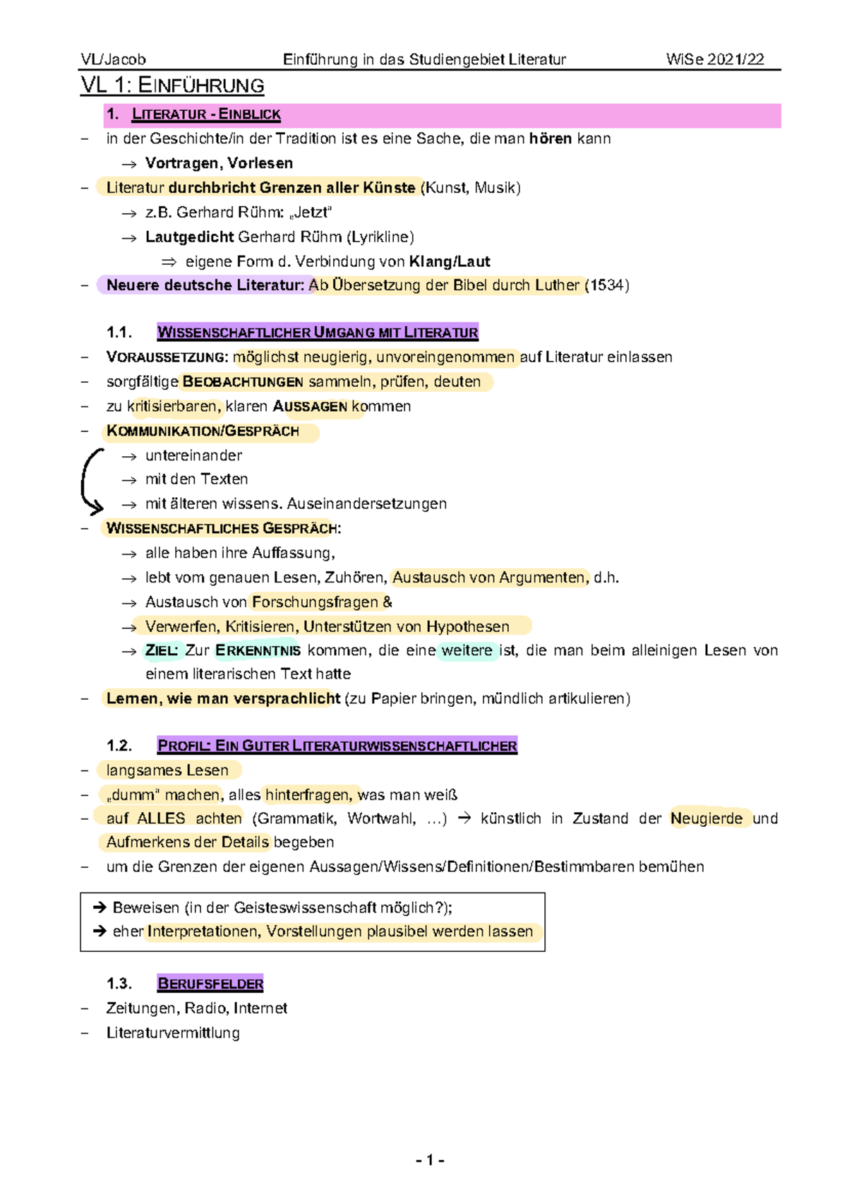 Jacob Wi Se2021 22 Lernzettel Literatur - VL 1: EINFÜHRUNG LITERATUR - EINBLICK in der ...